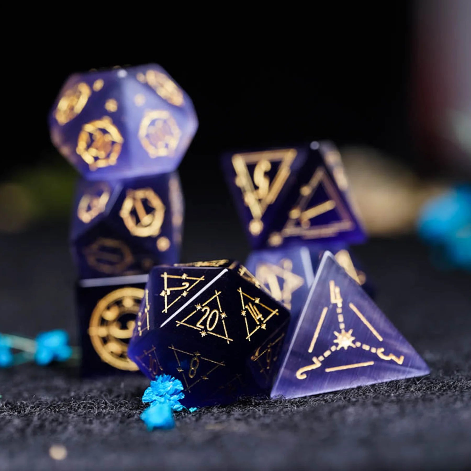 Celestial Palace · Shadow of the Night · Purple Cat’s Eye Dice Set – DragonStone