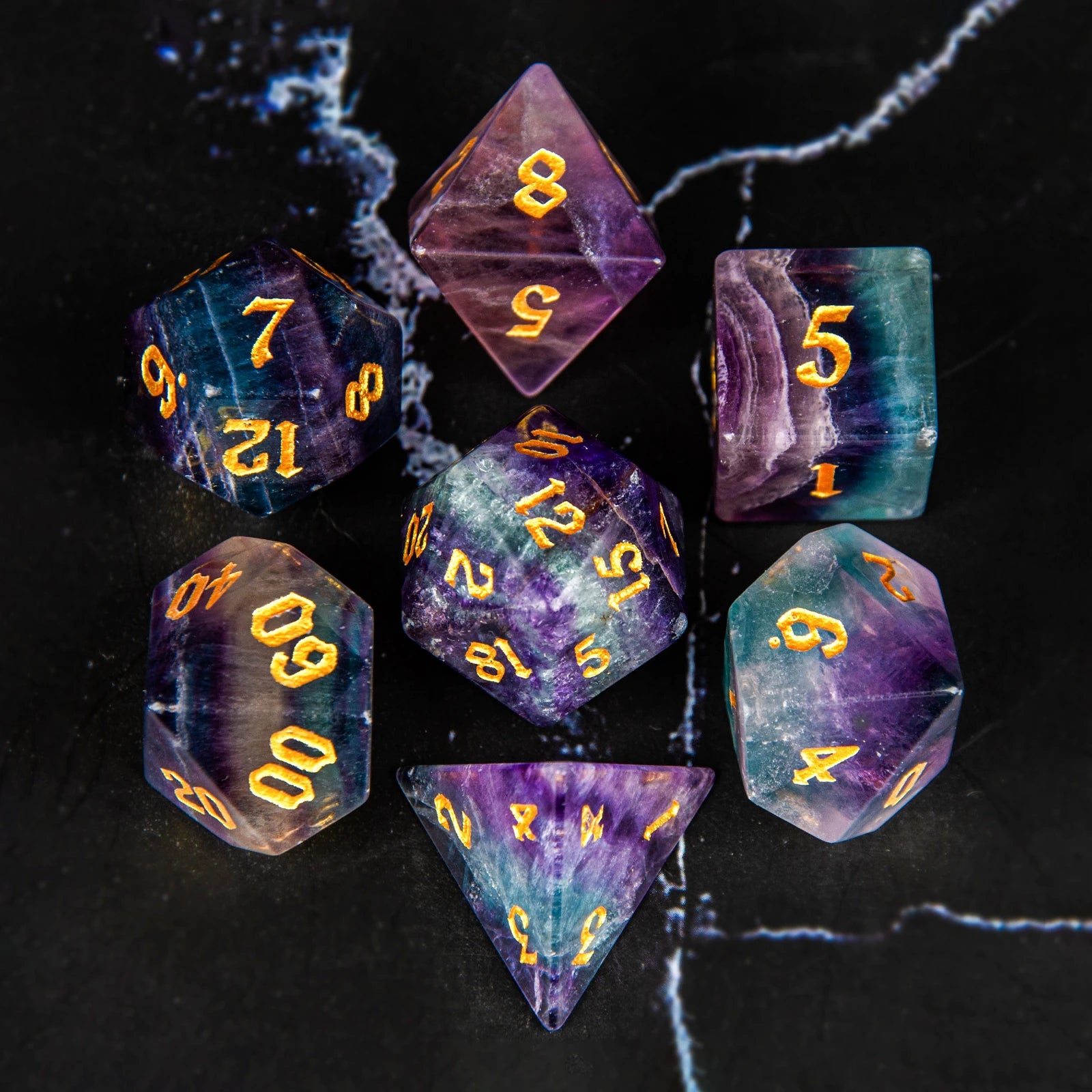 DND Colorful Fluorite Gemstone Engraved Dice Set DragonStone