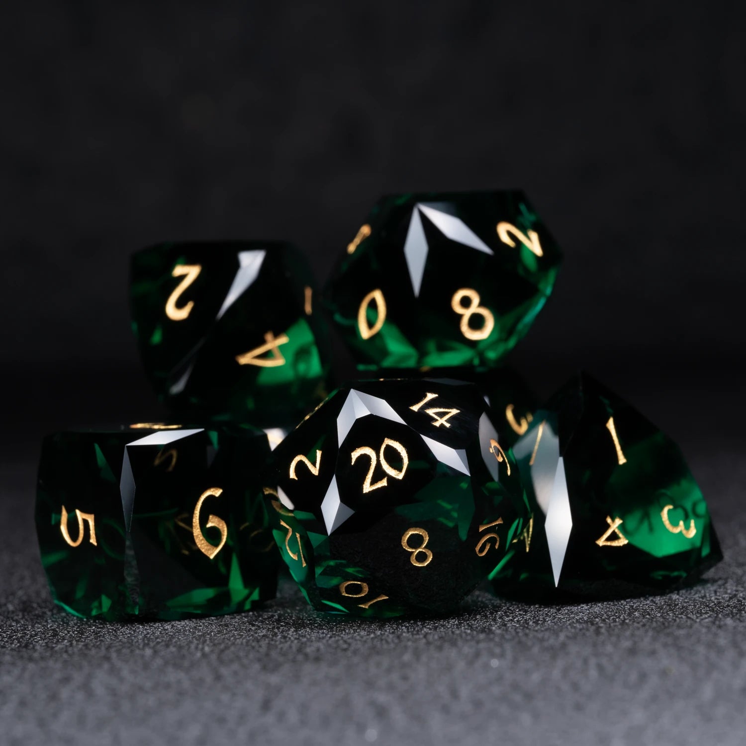 Deep Green Multi-faceted Prism Glass Engraved Dice Set – DragonStone