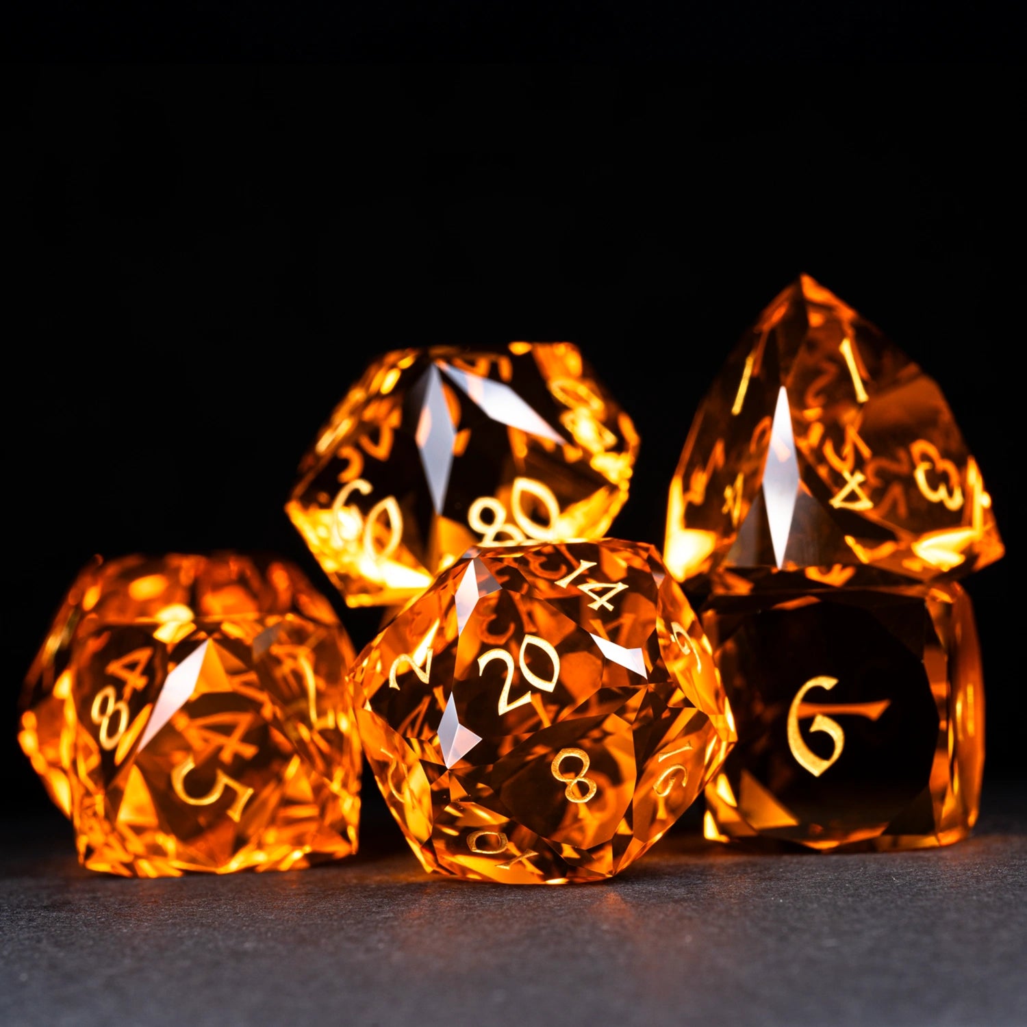 Deep Orange Multi-faceted Prism Glass Engraved Dice Set – DragonStone